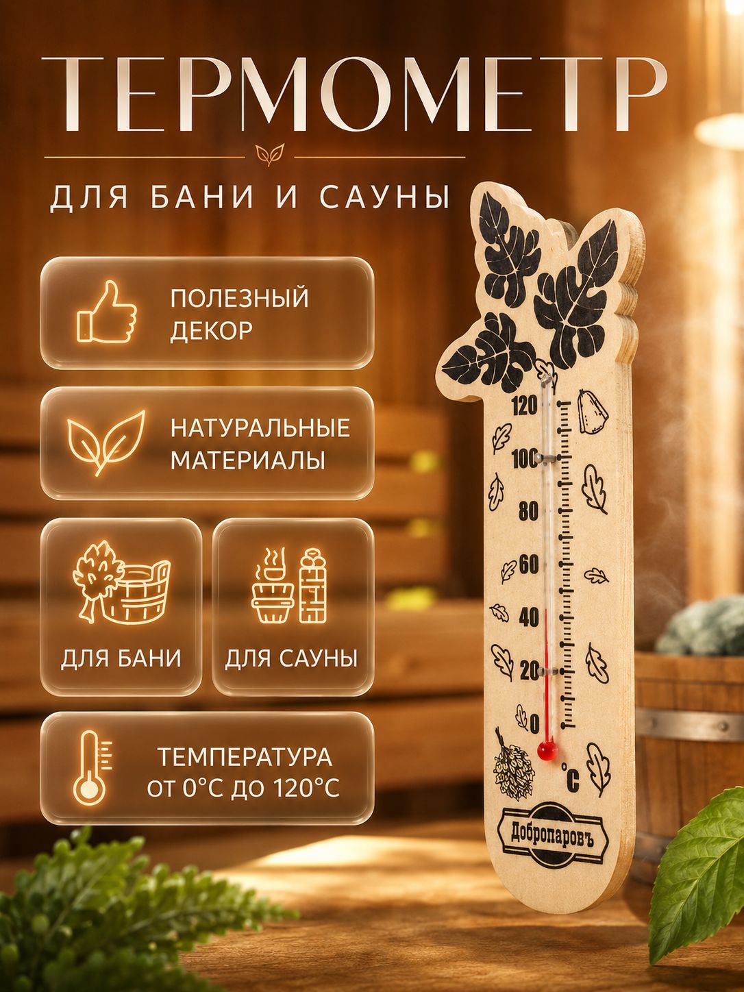 Термометр для сауны Банный веник, шкала до 120 градусов, аксессуар для парной
