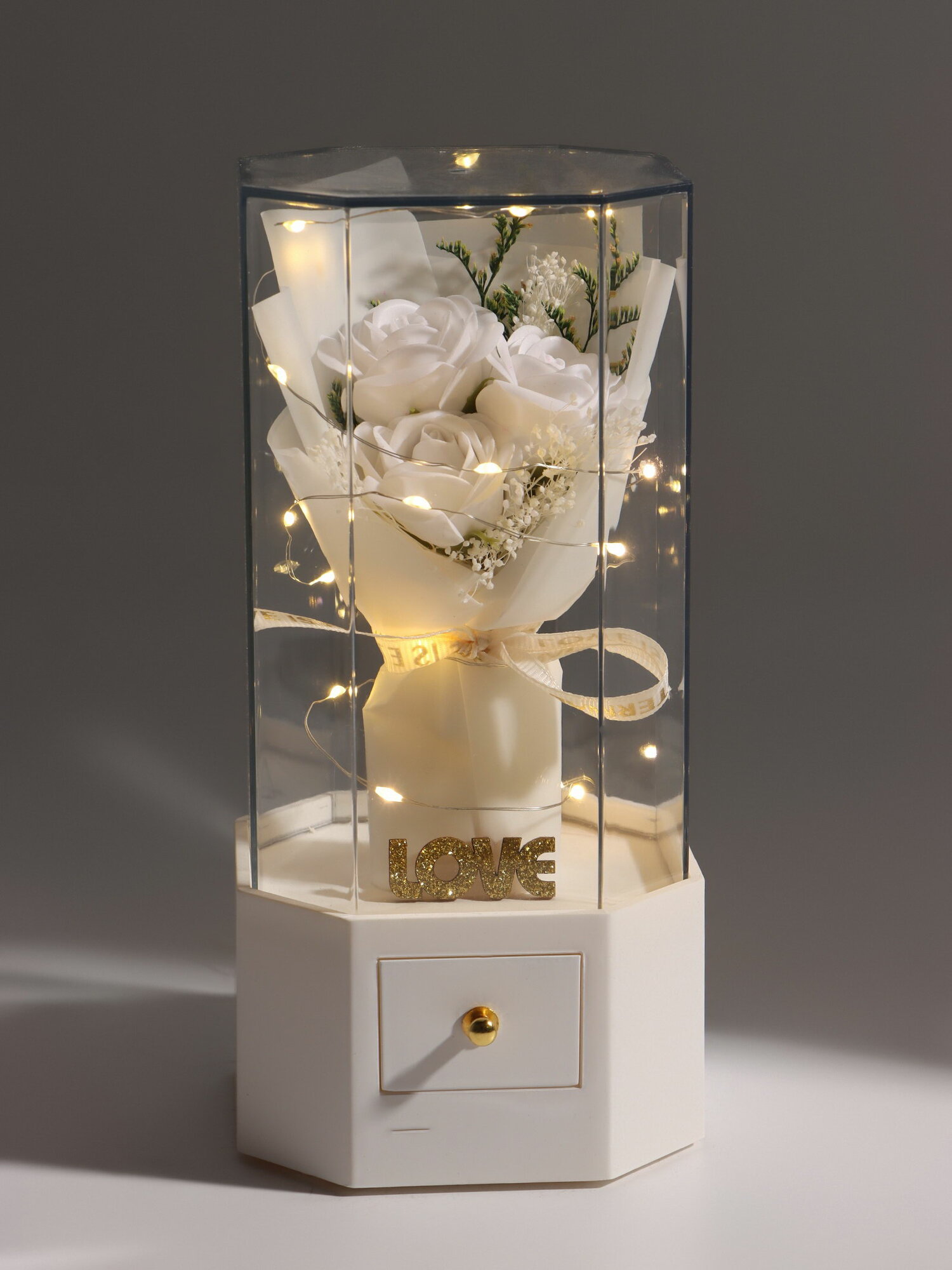 Шкатулка декоративная "Роза Love", с подсветкой, 3хААА, LN1445, 10x10x20.5 см, белая