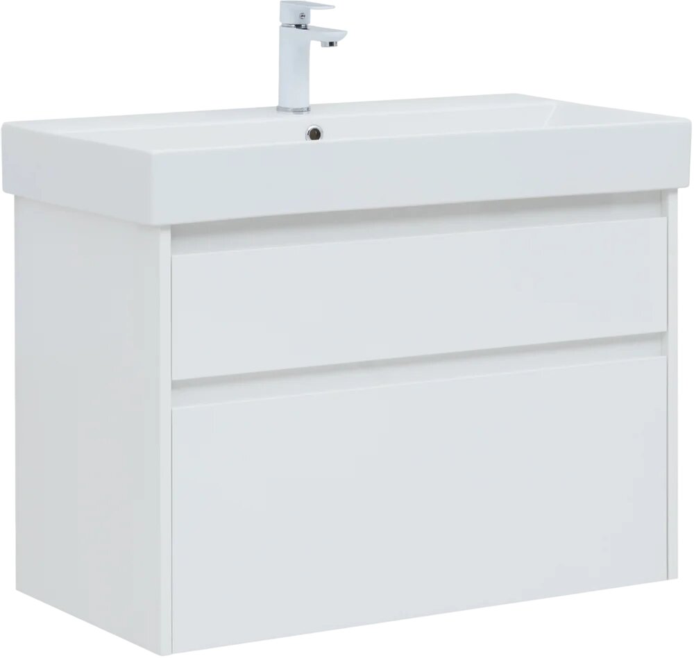 Тумба с раковиной Aquanet Nova Lite 85 подвесная, 85 см, белая, глянцевая, из ЛДСП, с ящиками, раковина для ванной, фаянсовая, прямоугольная, встроенный слив-перелив