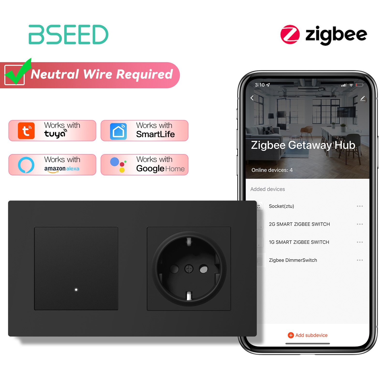 Умный выключатель с розеткой c Алисой Zigbee, Легко нажать, Пластиковая рамка, Серия E - CLICK