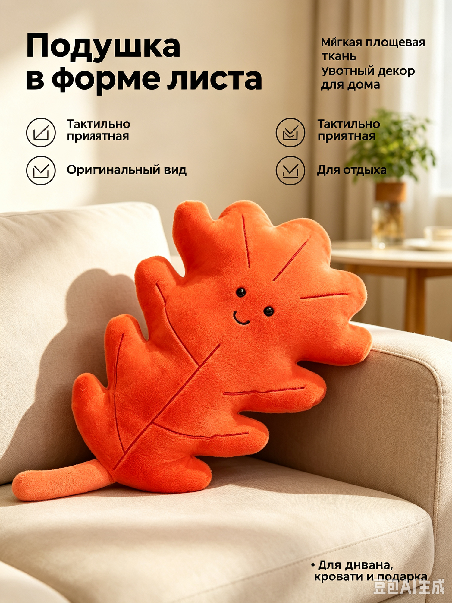 Мягкая подушка «Красный дубовый лист», плюш, ручная работа, для осеннего декора, 36 см, с милой мордашкой, красная