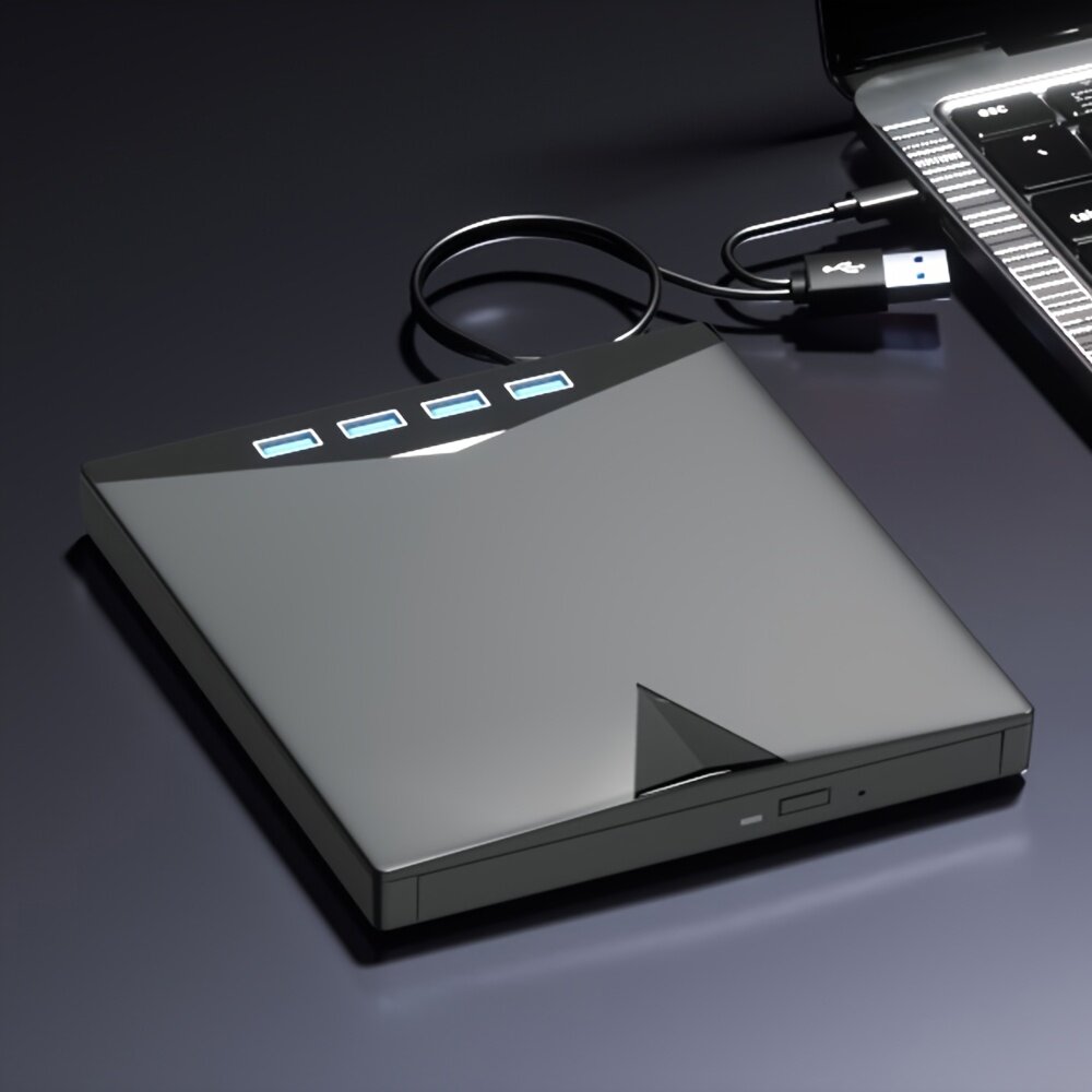 Портативный внешний DVD-привод 7 в 1 с интерфейсом USB 3.0 Type-C, портами USB и слотами для карт SD/TF, черный