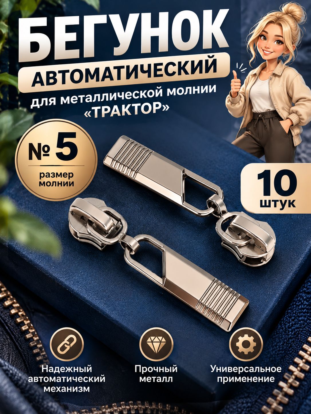 Набор автоматических бегунков для молнии Трактор, №5, 10 шт, никель