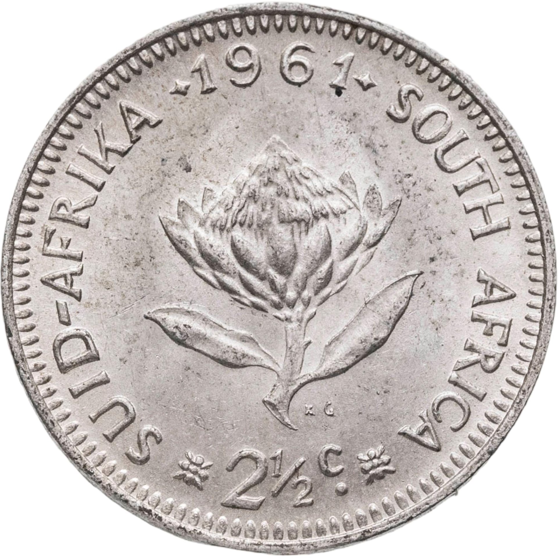 ЮАР 2 1/2 цента cent 1961, Серебро 500, в сохранности UNC