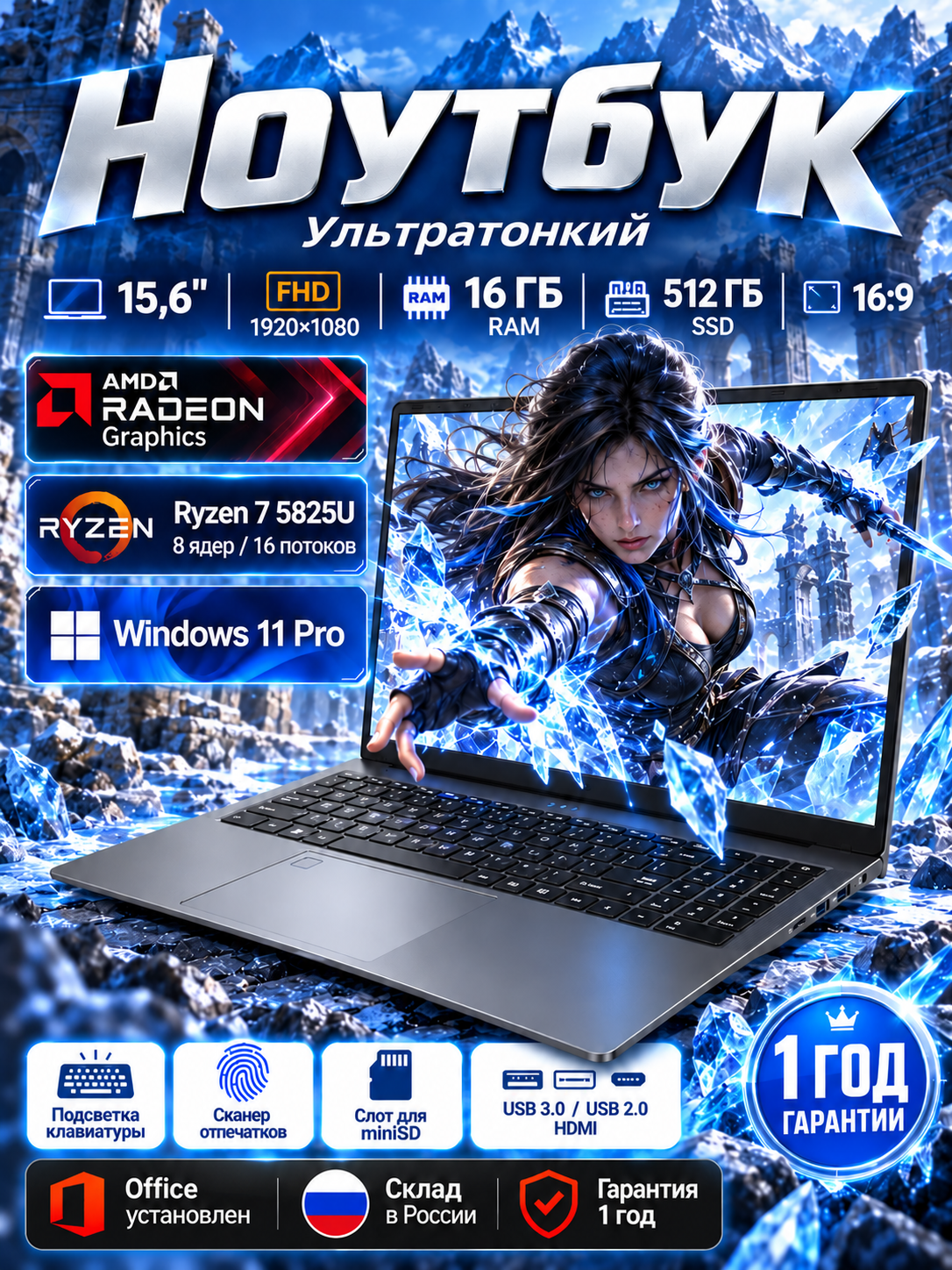 Ноутбук для игр с подсветкой клавиатуры Ryzen 7 5825U, 15,6″ Full HD, 16 ГБ ОЗУ, SSD 512 ГБ, Radeon Vega 8, Windows 11 Pro