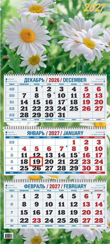 Календарь квартальный настен. 3-х блочный, 310*680мм, 2027г. "Ромашки" (КБ06-27)