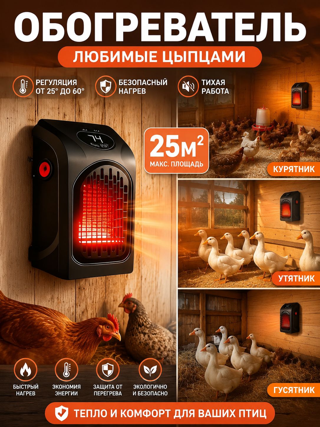 Мини-обогреватель для курятника и свинарника, встроенный пульт дистанционного управления, мощность 400 Вт