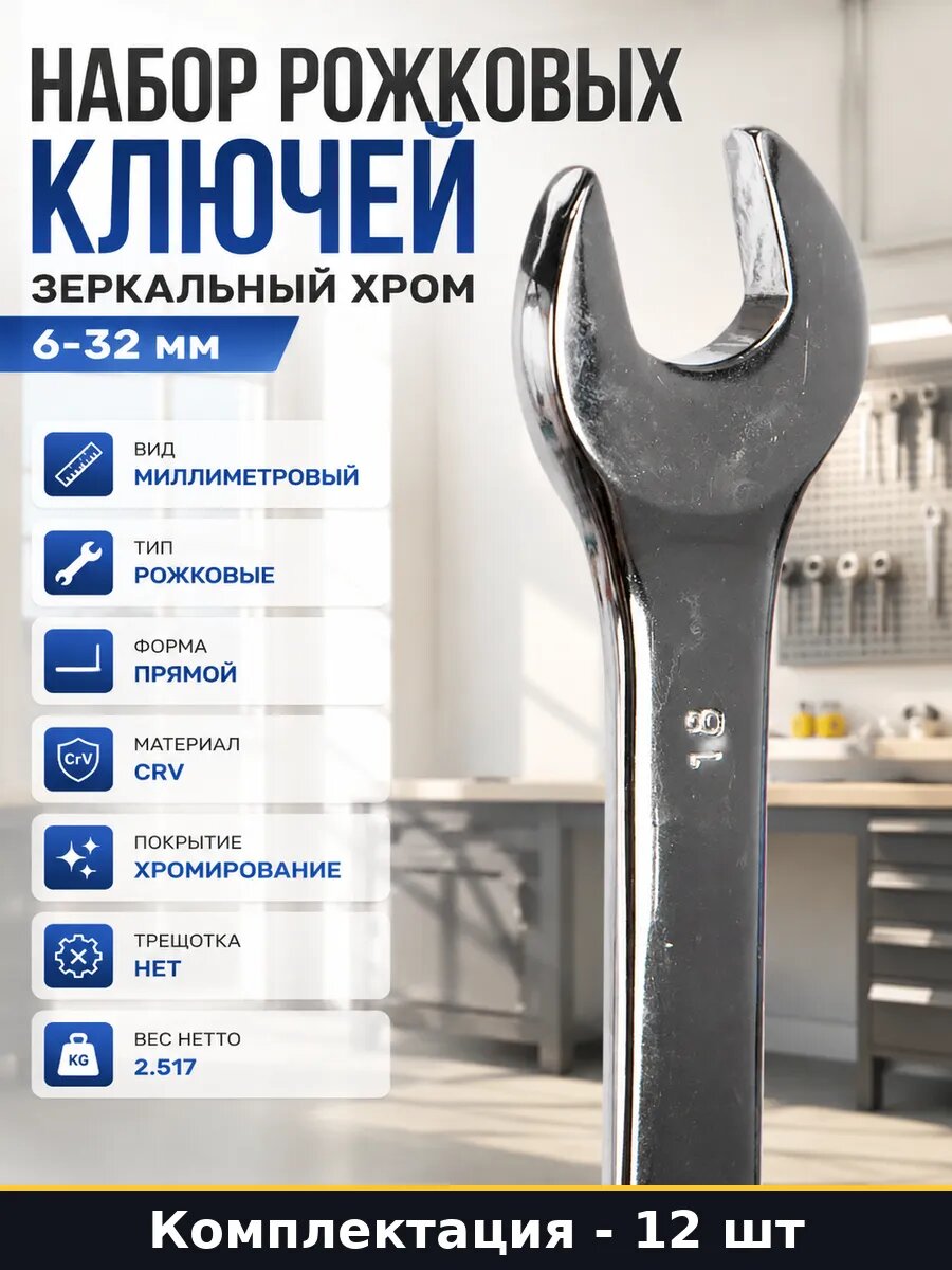 Набор рожковых ключей 12 штук зеркальный хром 6-32 мм