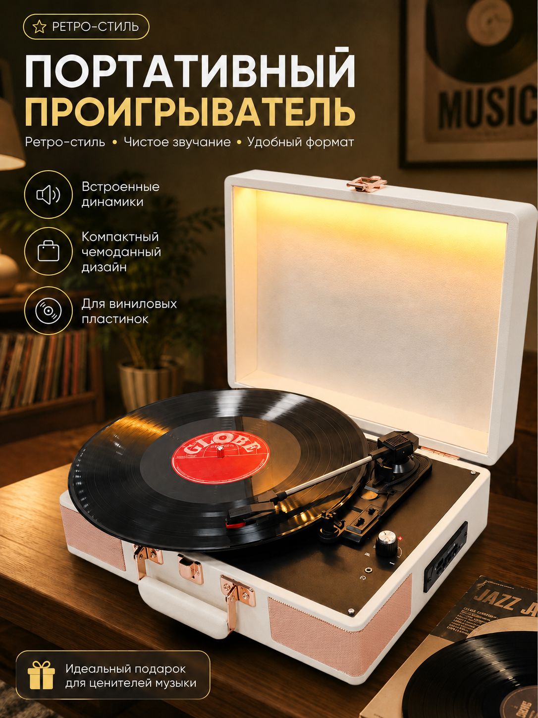 Винтажный проигрыватель виниловых пластинок BT Фонограф USB-запись 33/45/78