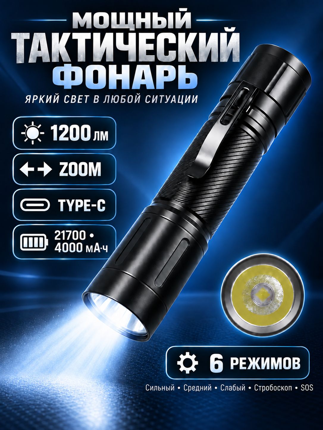 Мощный тактический фонарь аккумуляторный, LED XHP35B 12W, 6 режимов света, 21700/4000mAh, для кемпинга, рыбалки и дома