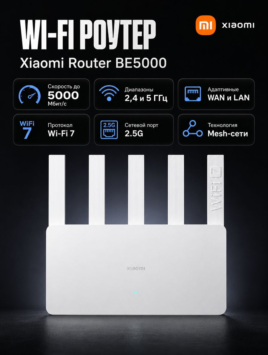 Wi-Fi роутер Xiaomi BE5000 Wi-Fi 7, скорость 5011 Мбит/с, 2.5G порт, Mesh(CN)