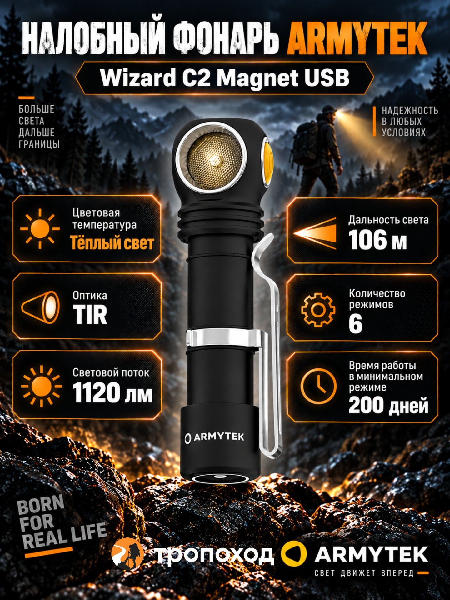 Фонарь налобный Armytek Wizard C2 Magnet USB теплый