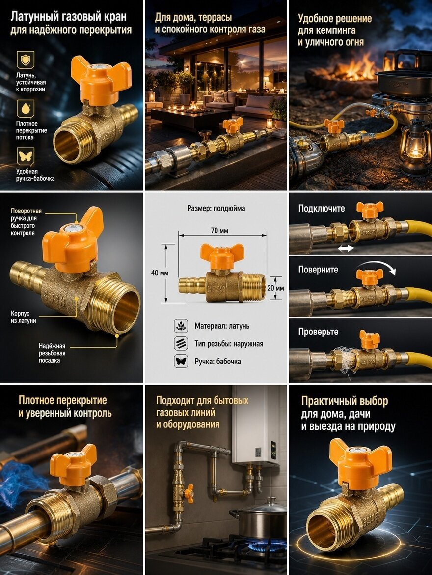 Утолщённый медный шаровой газовый кран с наружной резьбой 1/2 дюйма, жёлтый, для бытового использования