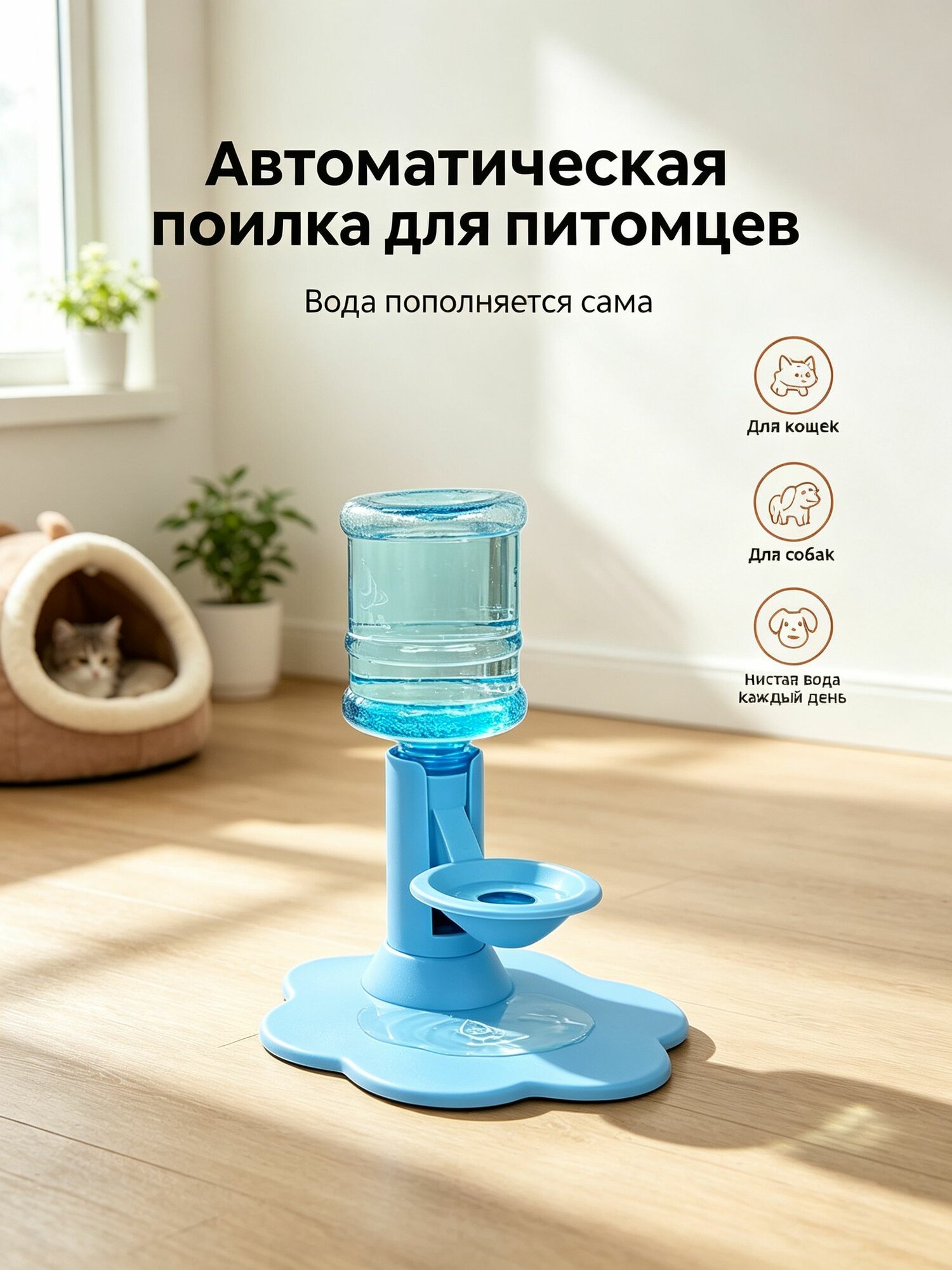 Автопоилка для кошек на время отпуска, Автоматическая миска с проточной водой без насоса, Водопой животных на дачу, Не требует электричества