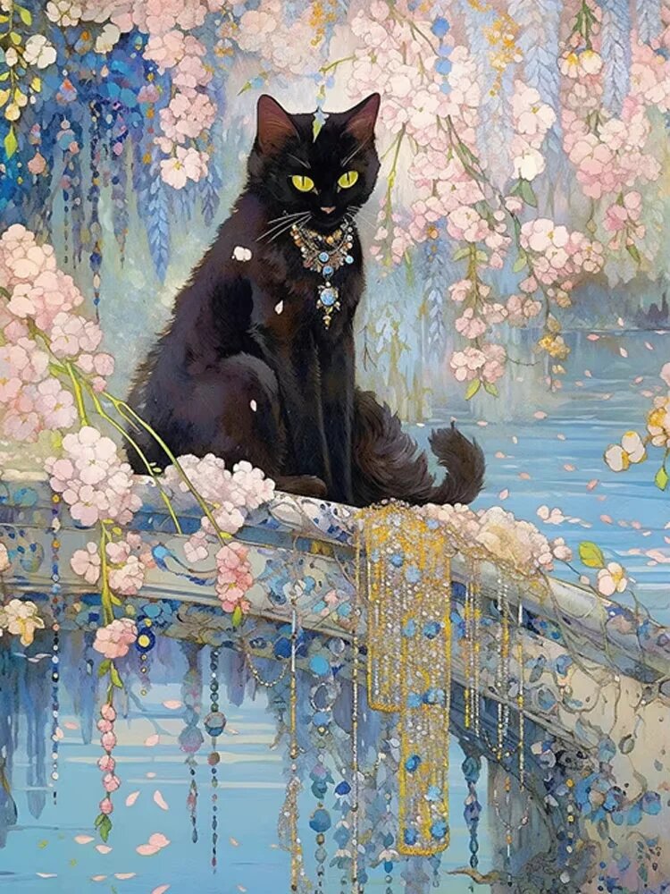 Алмазная мозаика "Черная кошка и цветы", 1 шт. Round 20X30CM, A2
