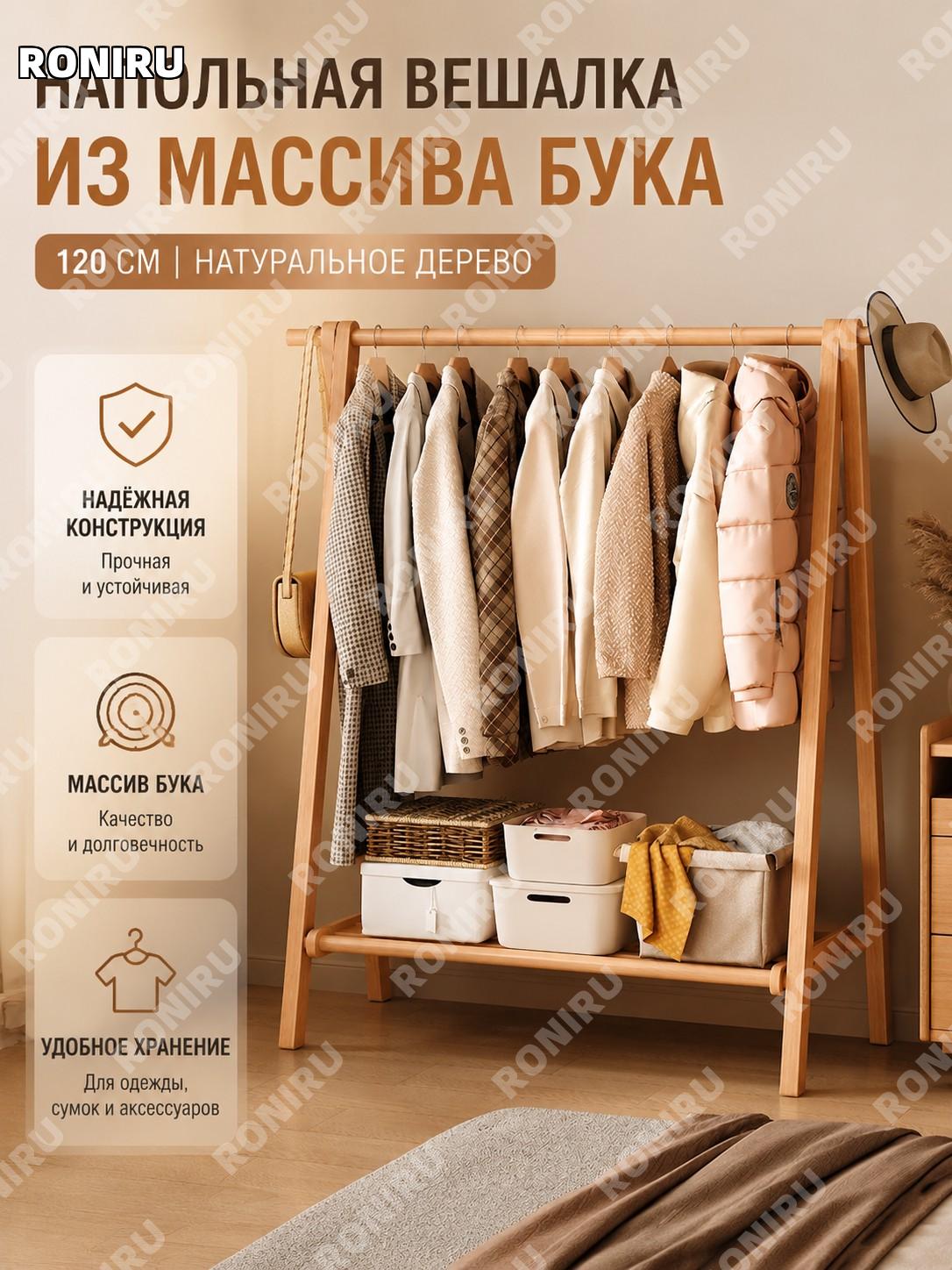 Напольная вешалка из бука 120 см, натуральный цвет, деревянная стойка для одежды, простой домашний гардероб дома