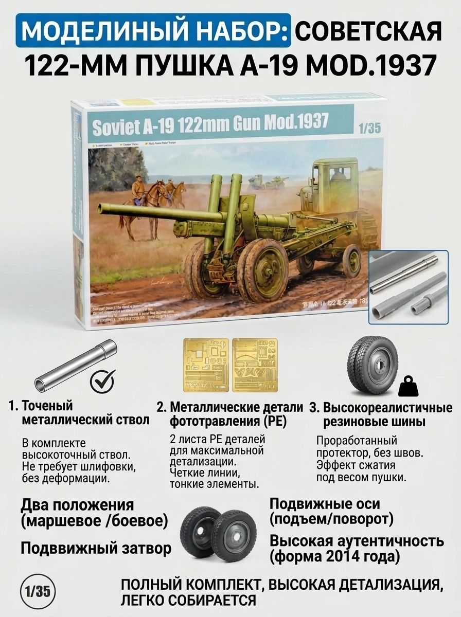 Сборная модель 02325 Советская 122-мм пушка А-19 обр. 1937 г, с металлическим стволом и фототравлением, 1:35