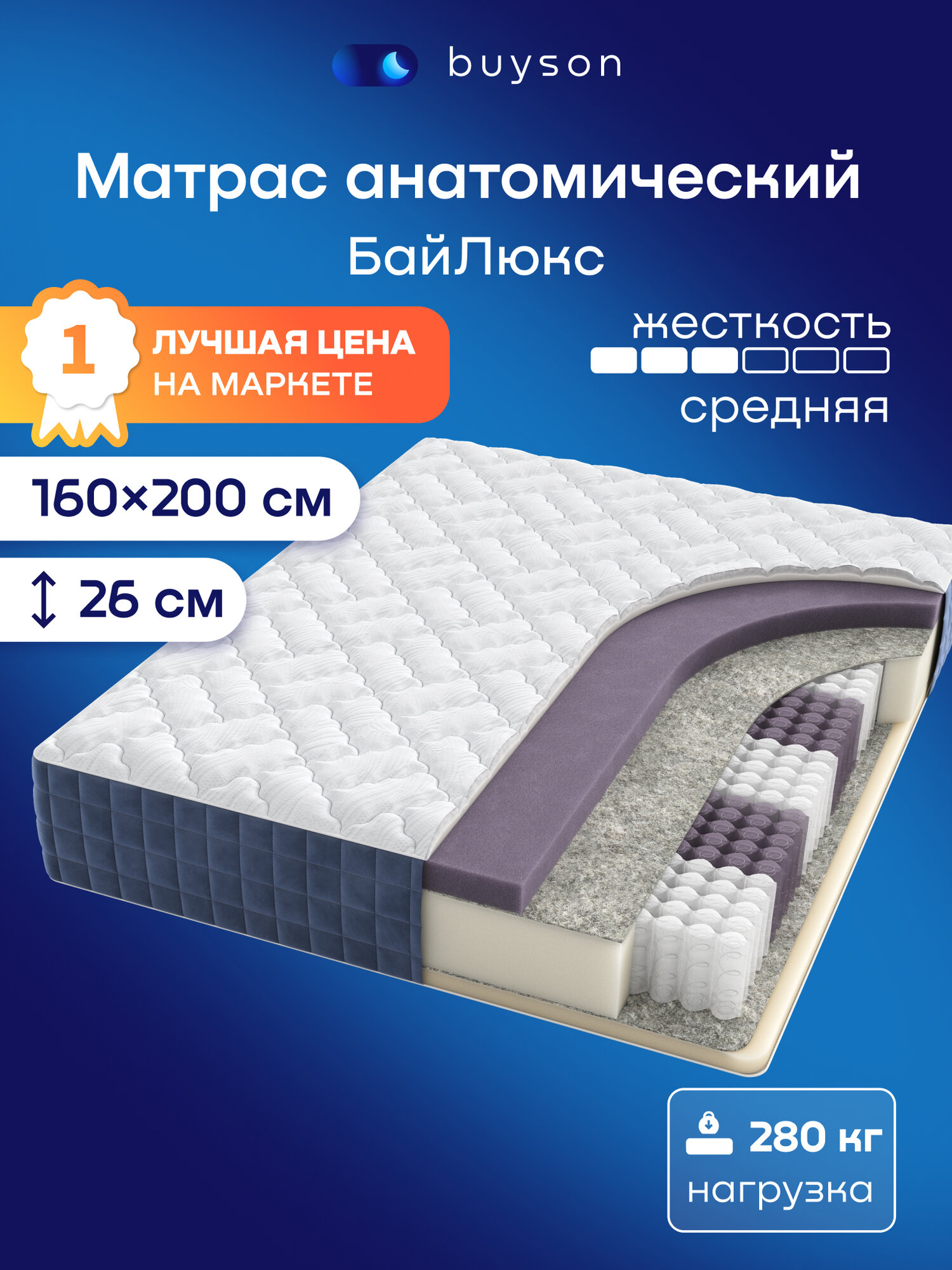 Ортопедический матрас buyson БайЛюкс, 160х200 см, независимые пружины