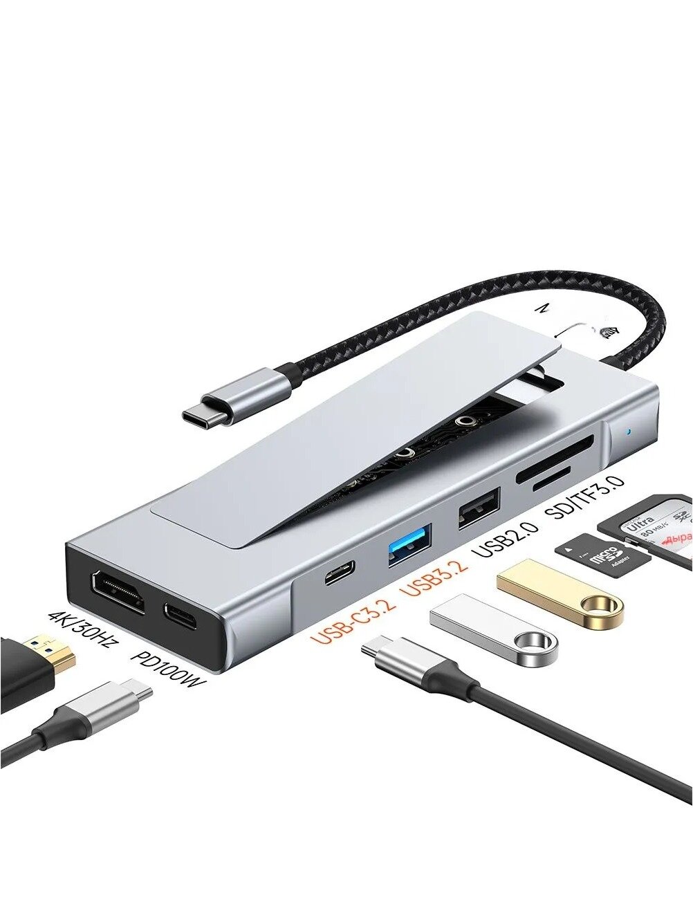 USB-концентратор Type-C 8 в 1 с HDMI, кардридером SD/TF и PD 100W