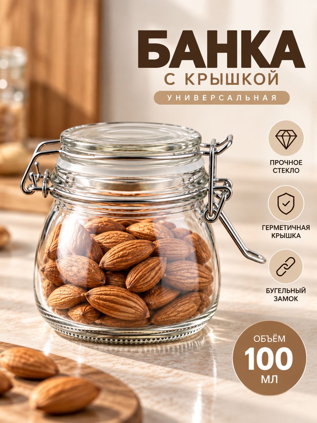 Банка для продуктов, с крышкой, 100 мл, 9x7.2x7.5 см, с бугельным замком, стекло, прозрачная