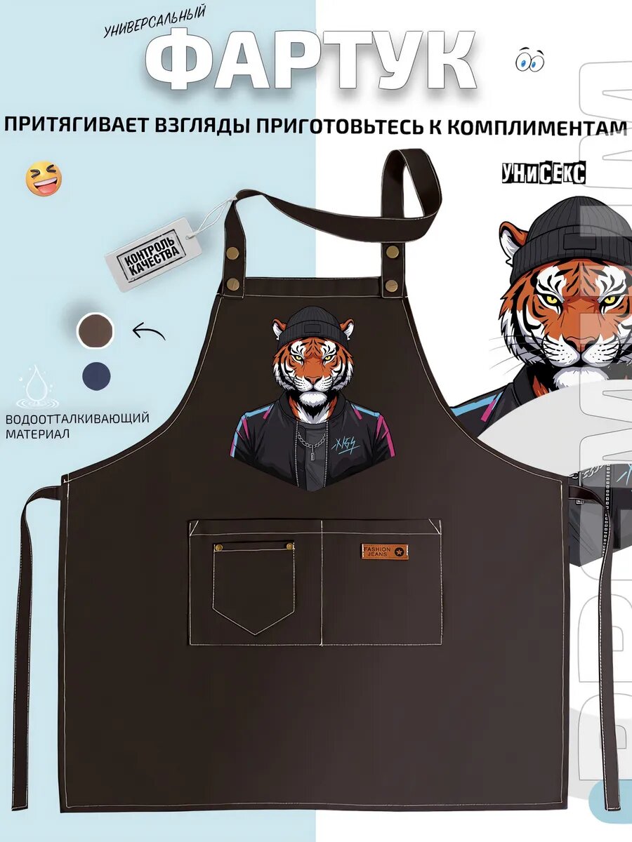 Фартук Бенгал Bengal аниме тигр в шапке и куртке кухонный с принтом универсальный