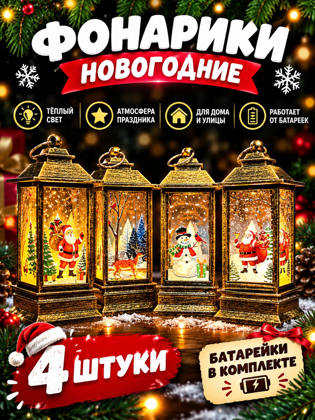 Новогодние фонарики светящиеся 4 шт/ Новогодние светильники 13 см