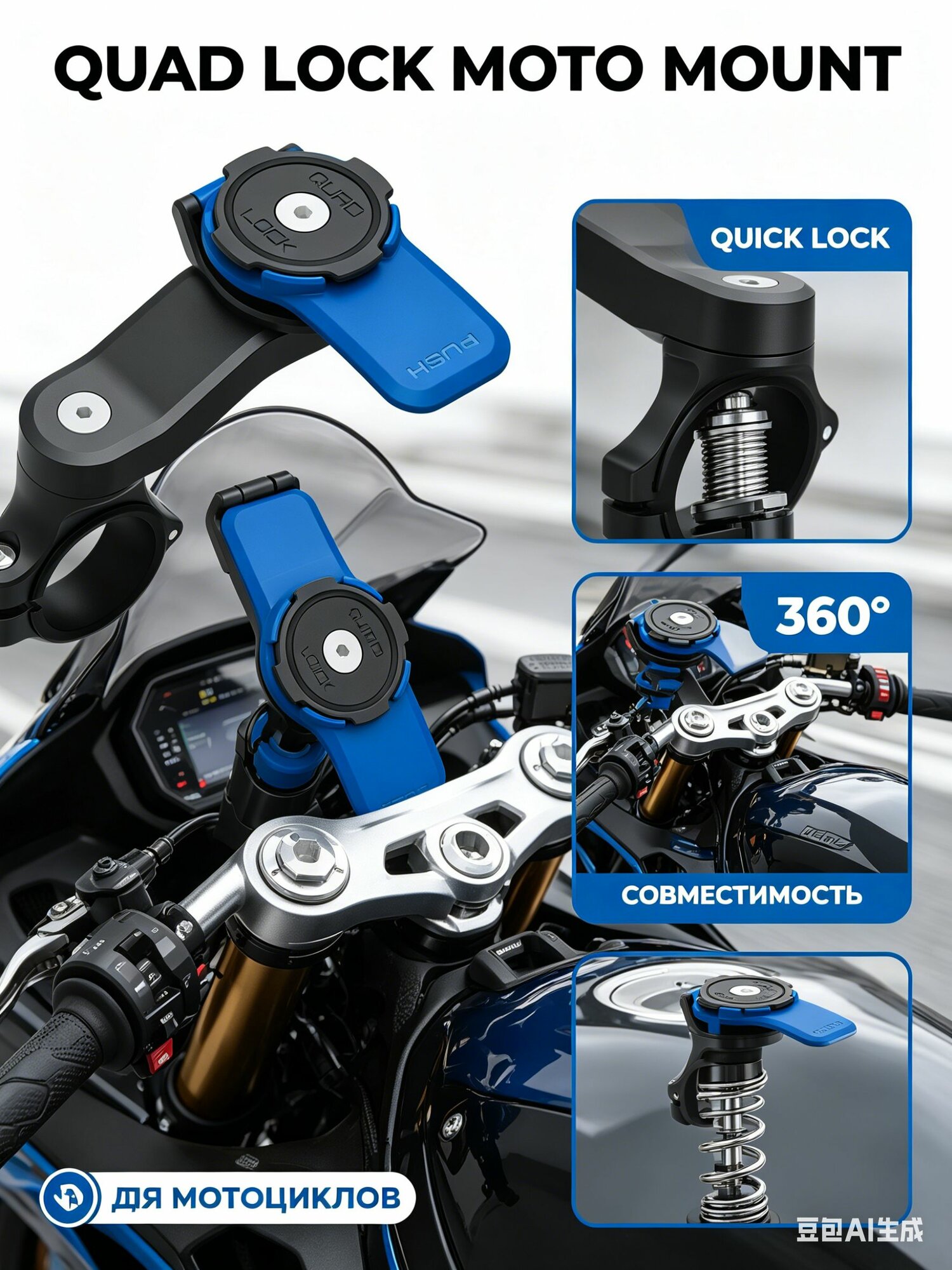 Quad Lock Moto Mount держатель для телефона быстросъёмный для мотоцикла квадроцикла велосипеда 360