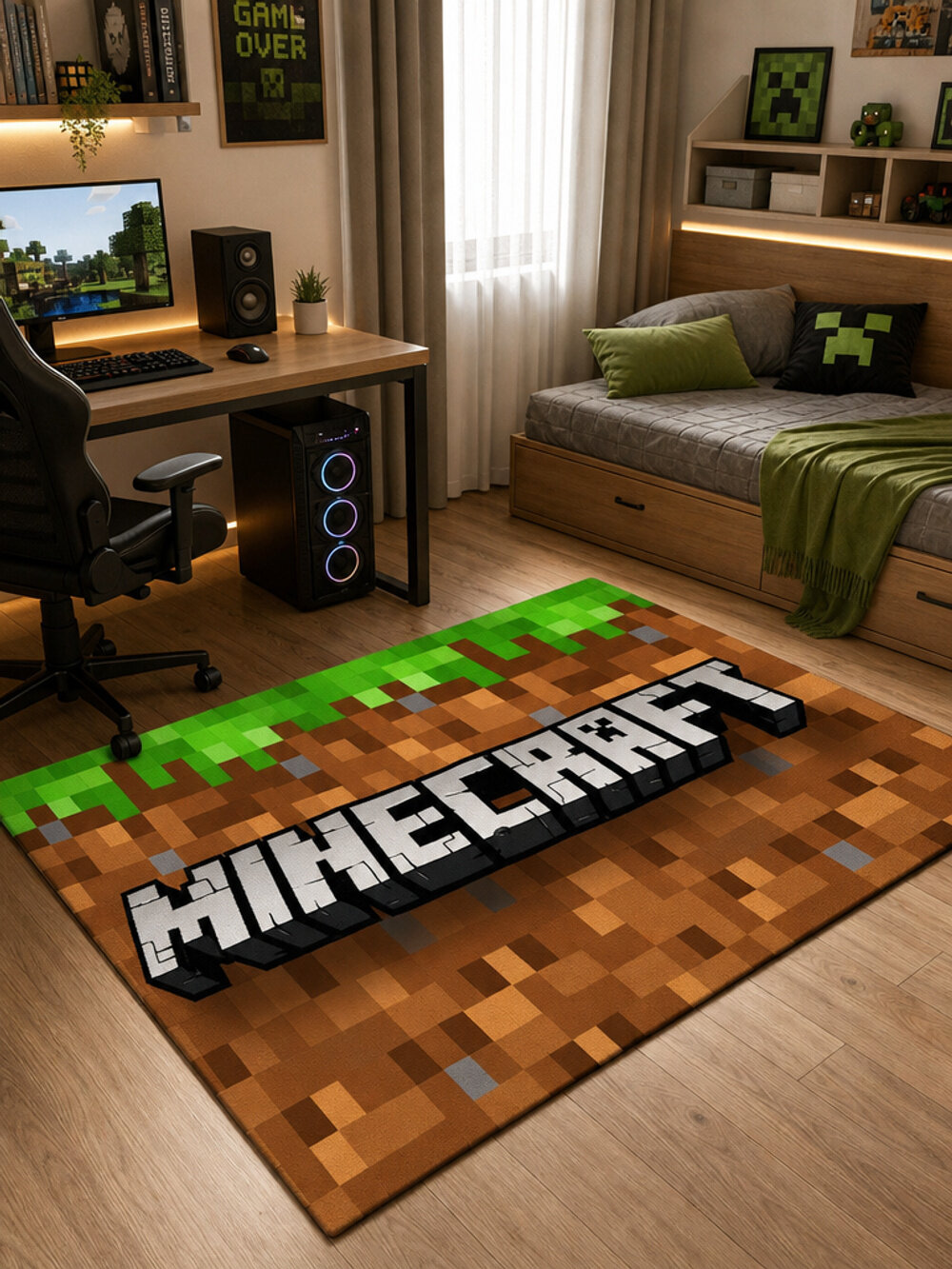 Ковер с принтом в стиле Minecraft 90×60 см — прямоугольный декор для игровой комнаты