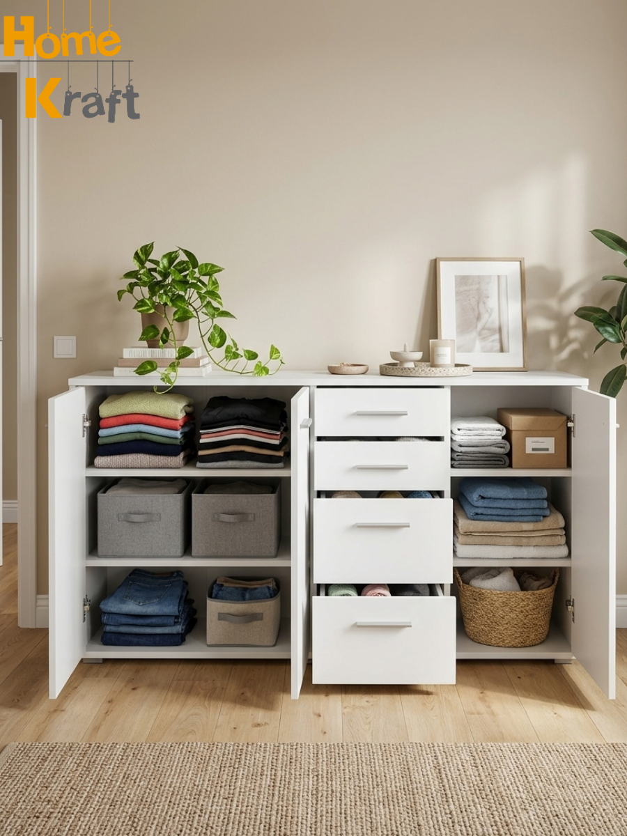 Комод Home Kraft NOVA, ЛДСП, белый, 138х73.5х34 см, 4 ящика, современный стиль — фото 1