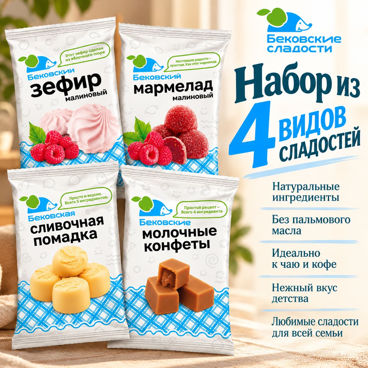 Бековские сладости Набор из 4 видов сладостей Зефир малиновый, мармелад малиновый, помадка сливочная и конфеты молочные,1100 гр