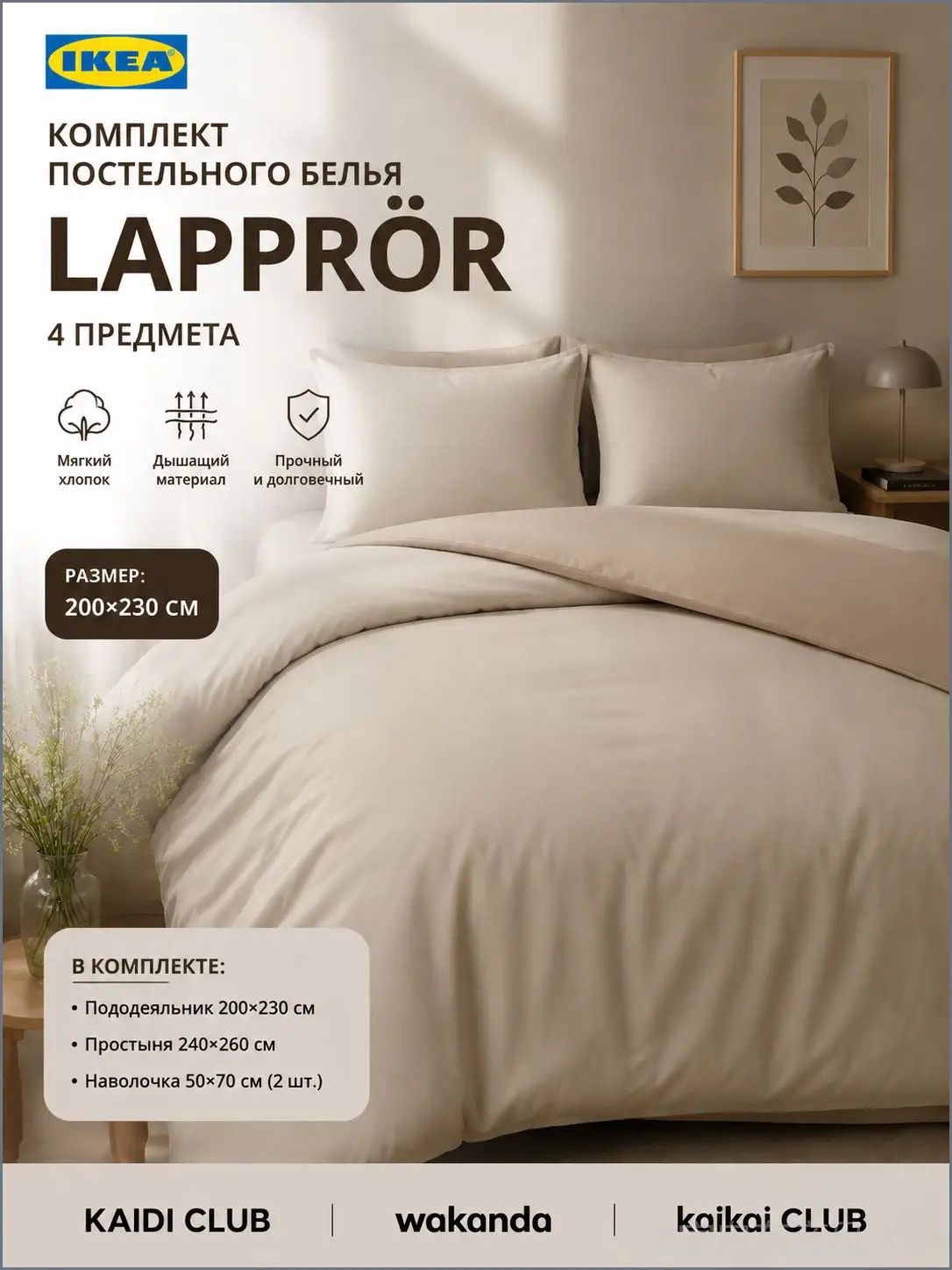 IKEA Комплект постельного белья 2-спальный хлопок 200x230 см, наволочки 50x80, цветбежевый