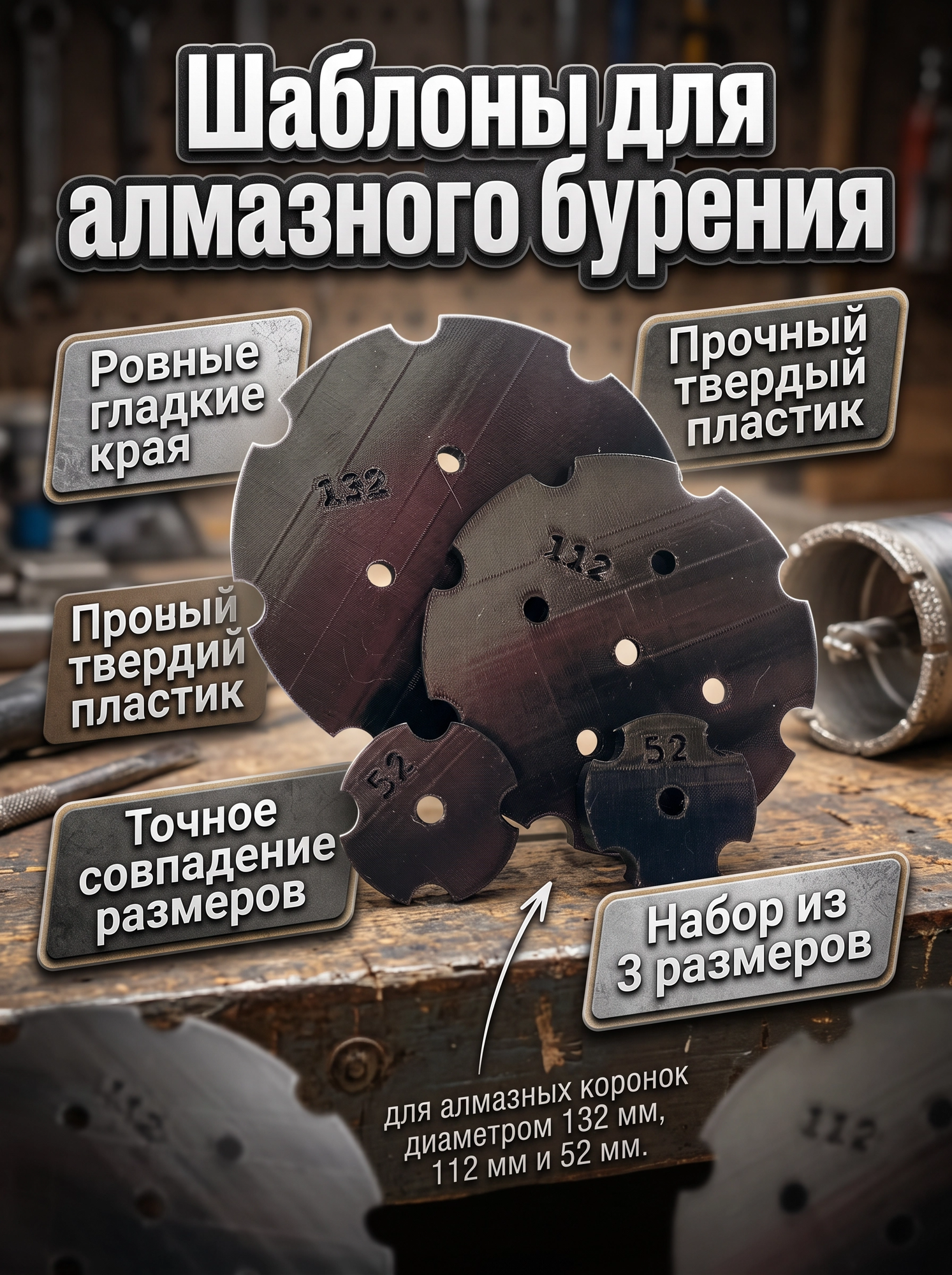 Набор шаблонов для алмазных коронок 132 / 112 / 52 мм, 4 шт, прочный пластик, толщина 10 мм, отверстие 6 мм
