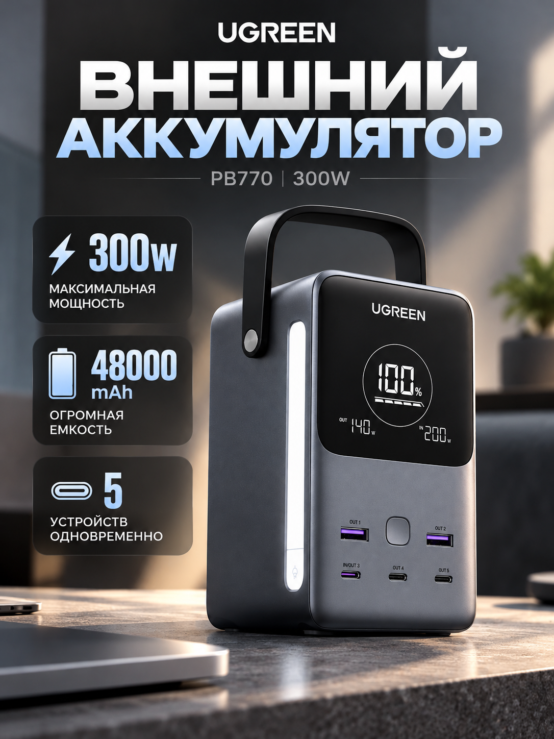 Портативный аккумулятор UGREEN PB770 (25286) 48000mAh 300W Fast Charging Power Bank. Цвет: серый