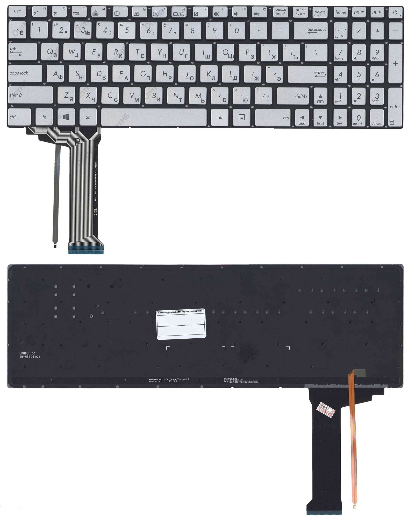 Клавиатура для ноутбука Asus N551, N751, G551, G771 серебряная, без рамки, с подсветкой