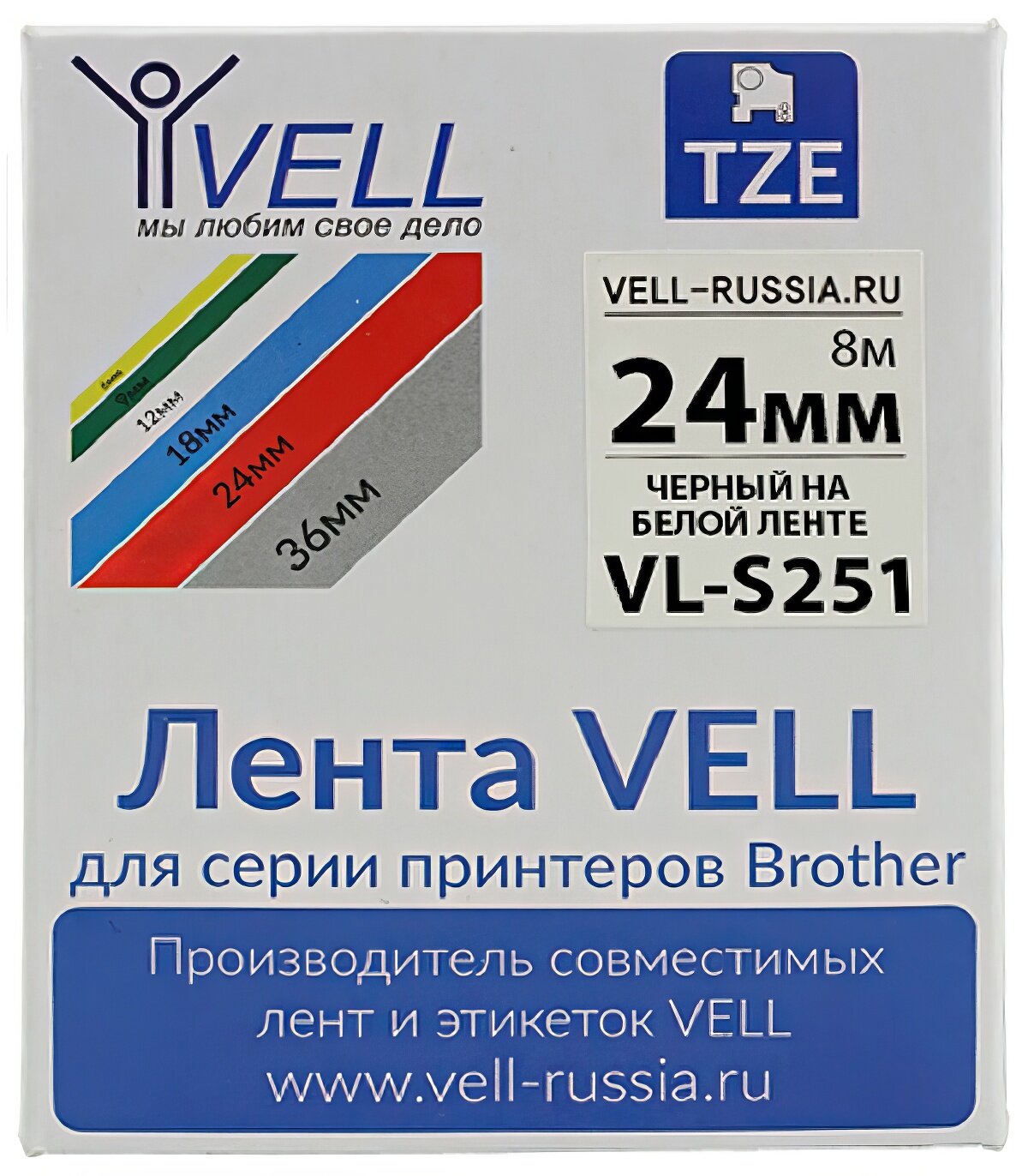 Лента Vell VL-S251 (Brother TZE-S251, 24 мм, черный на белом) для PT D600/2700/P700/P750/ PTE550/9700/P900 319969