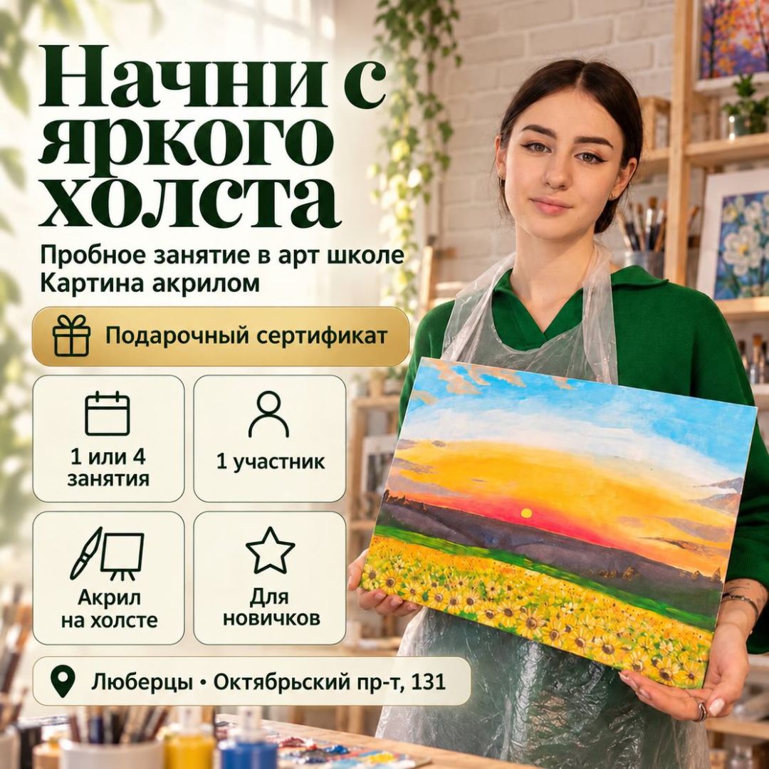 Подарочный сертификат «Пробное занятие в арт школе Картина акрилом» (1 час, 1 человек в составе группы)