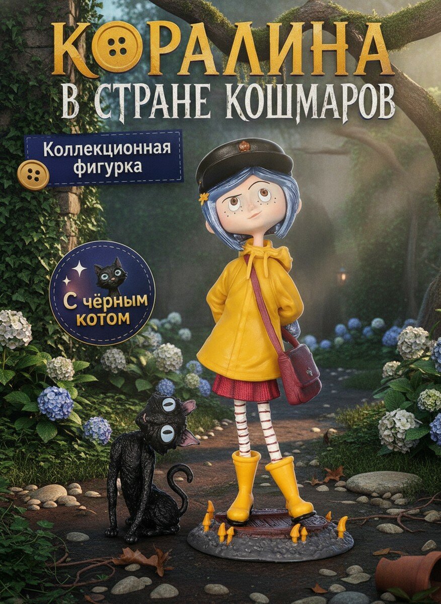 Коллекционная фигурка Коралина в стране кошмаров с чёрным котом, высота 19,5 сантиметров, ABS-пластик