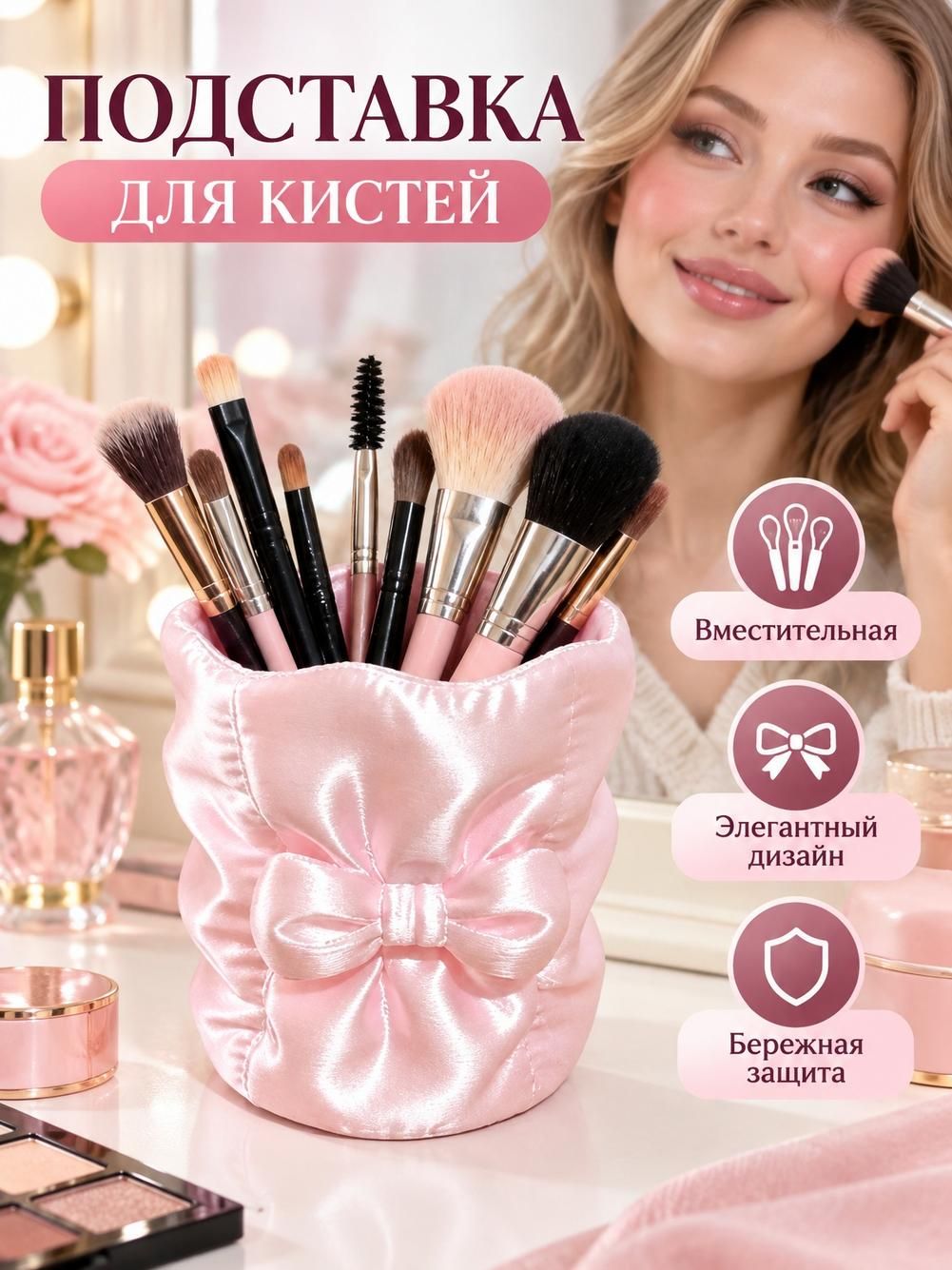 Органайзер для кистей для макияжа, атласная ткань, с бантом, белый, 1 шт