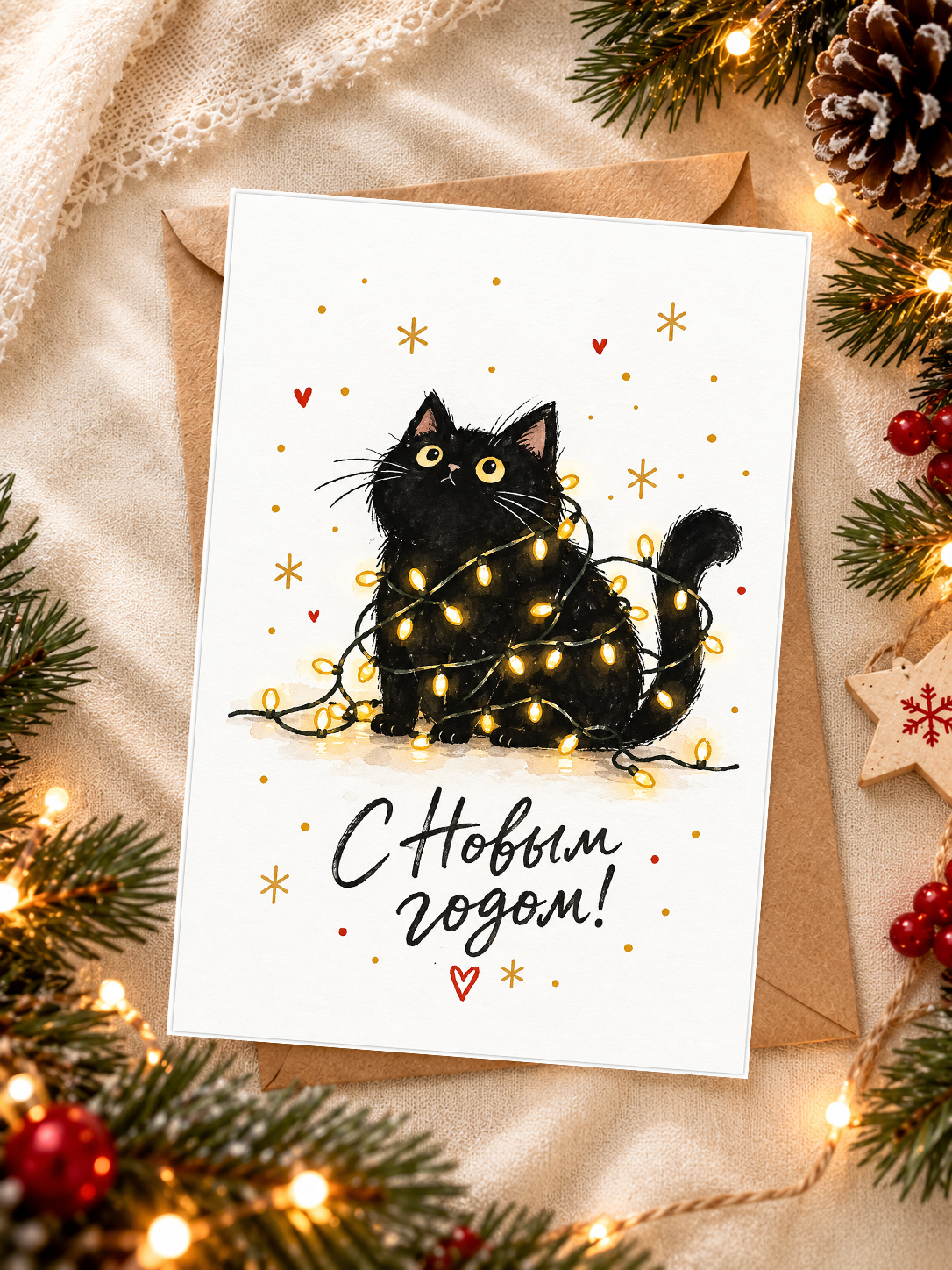 Новогодняя открытка "С Новым годом!" 10х15 см с чёрным котиком и гирляндой, с конвертом