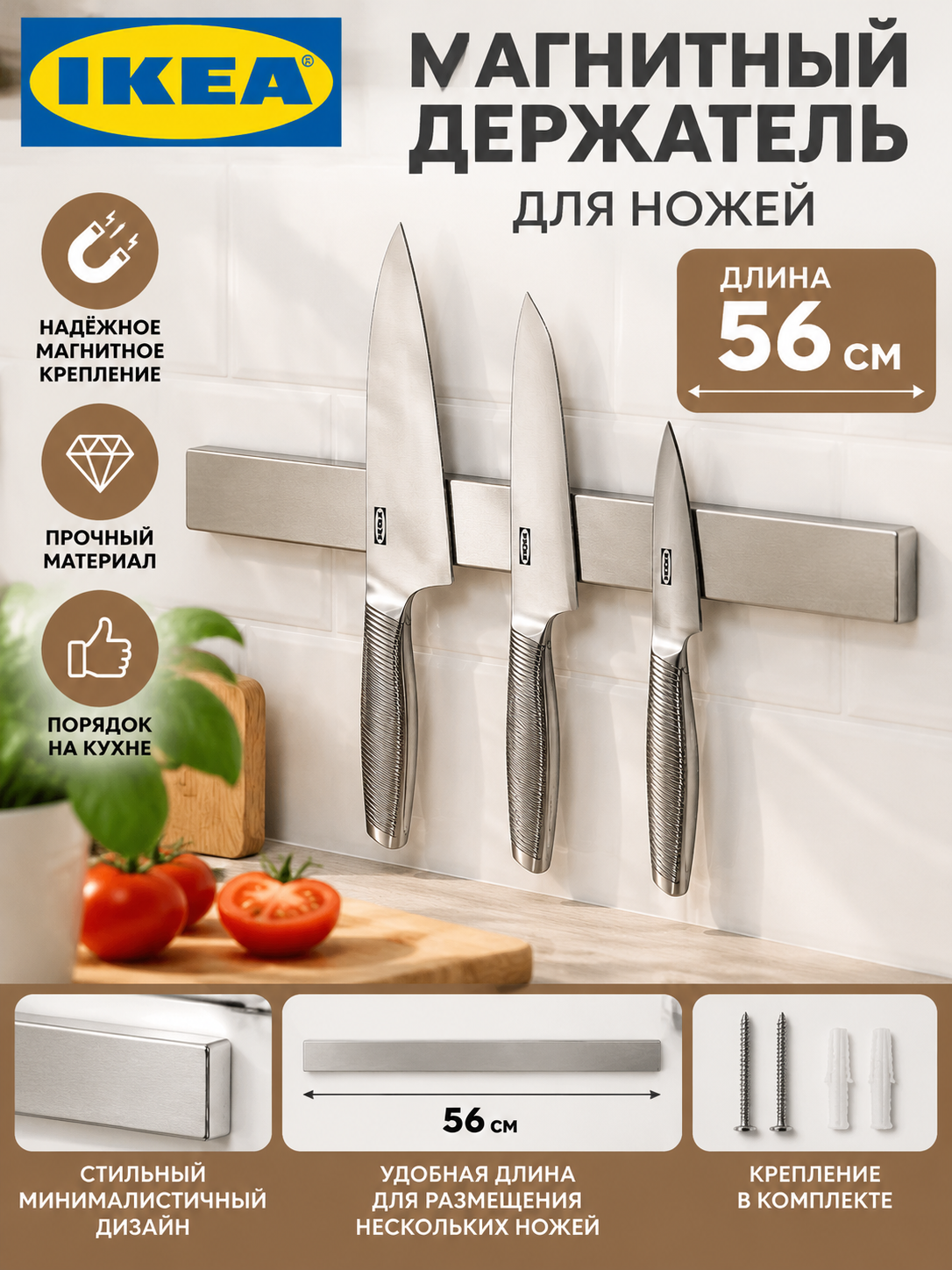 Магнитная планка IKEA KUNGSFORS кунгсфорс 56 см нержавеющая сталь