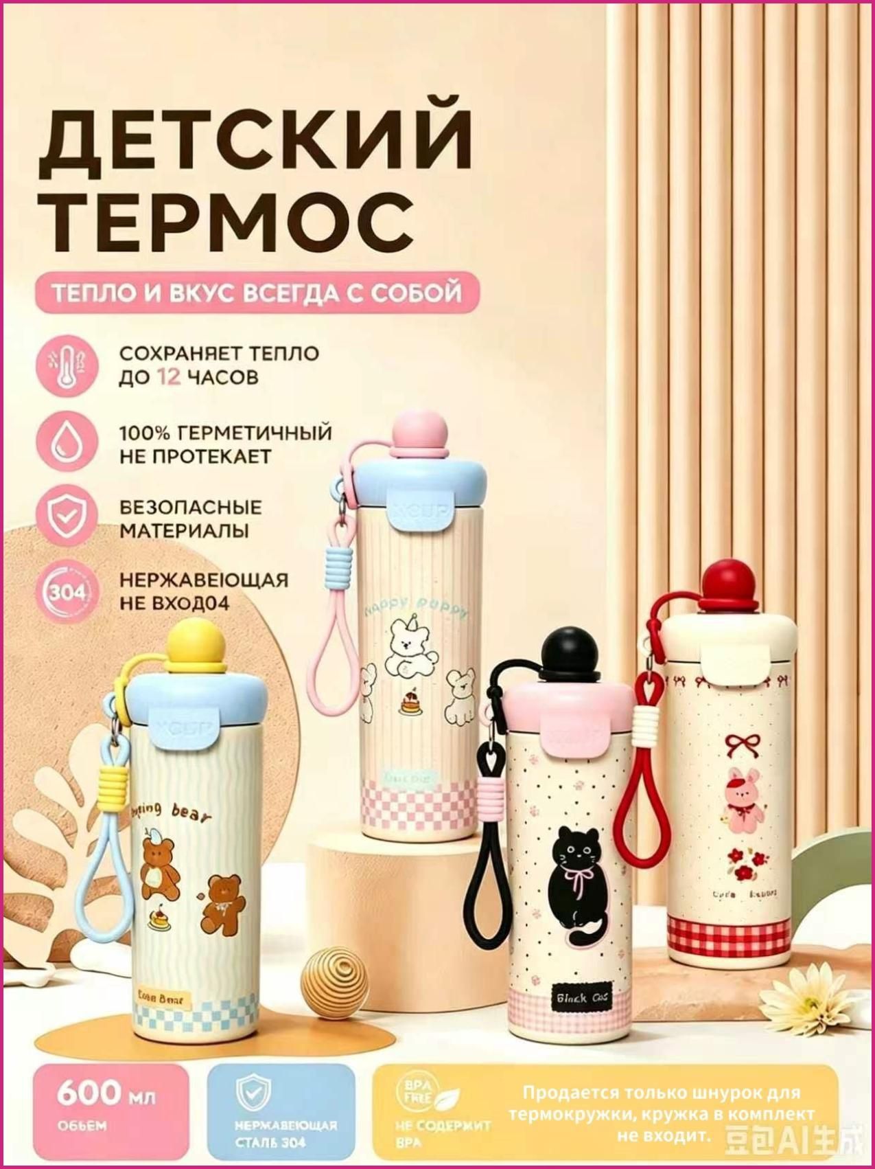Термокружка 0.6 л, холод 12 ч, тепло 12 ч, вакуумная, белый