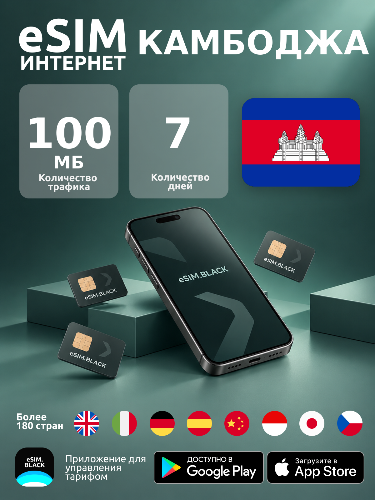 Камбоджа/7 дней/100 МБ - eSIM для мобильного интернета ( iPhone | Android ).