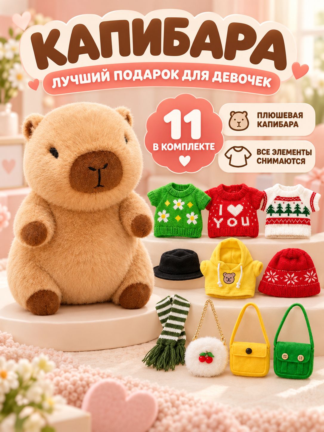 Капибара-переодевашка с одеждой, набор 10 предметов