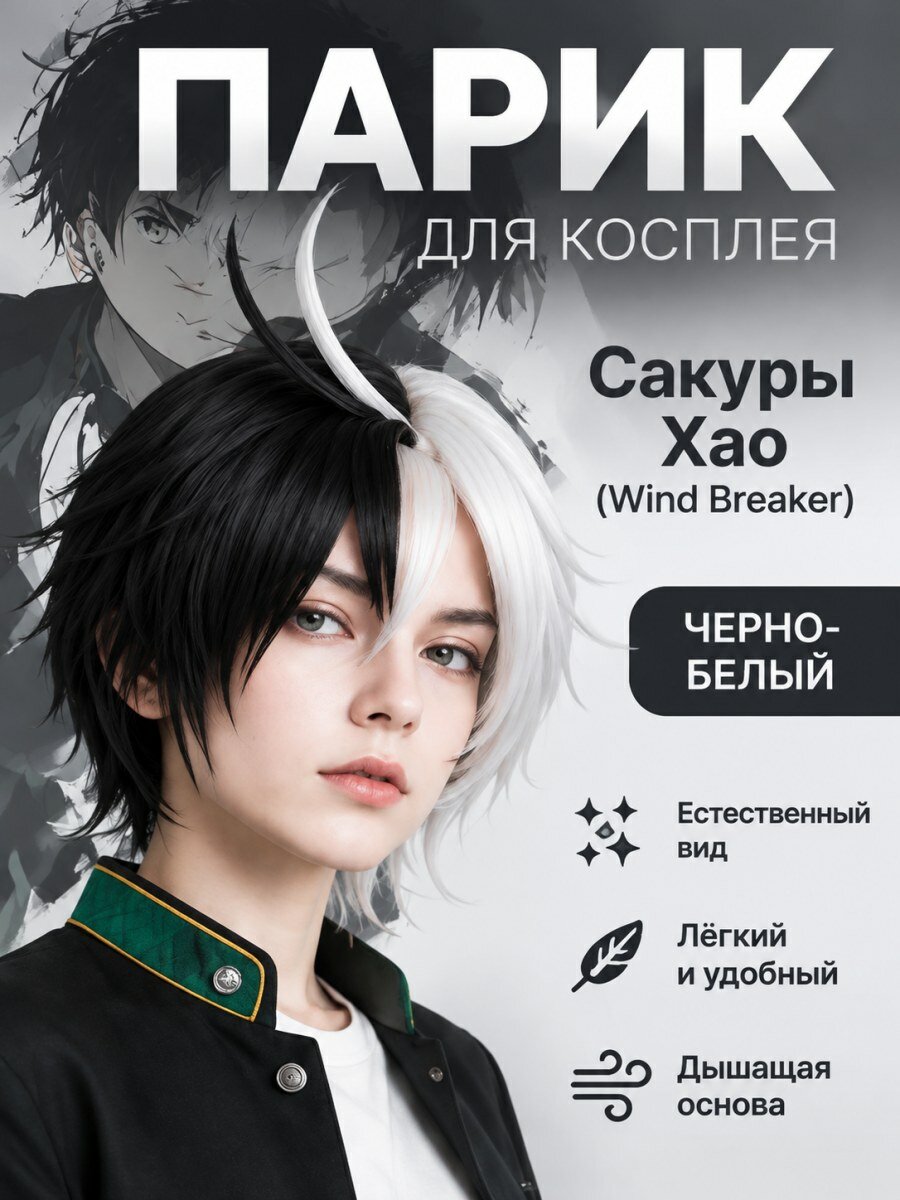 Парик для косплея Сакура Хао из аниме Доукоу Фанфэнлин короткий боб мужской из искусственных волос размер 54-60 см