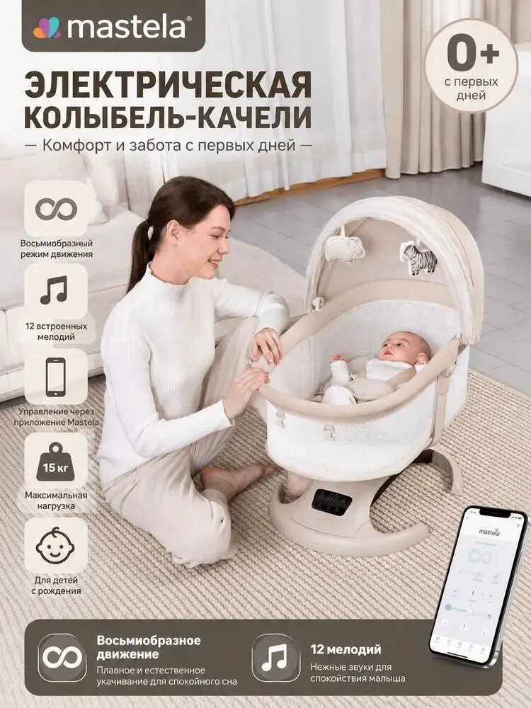 Электрокачели Для Новорожденных 0-36 Месяцев, с APP управлением, таймером и музыкой, до 15 кг
