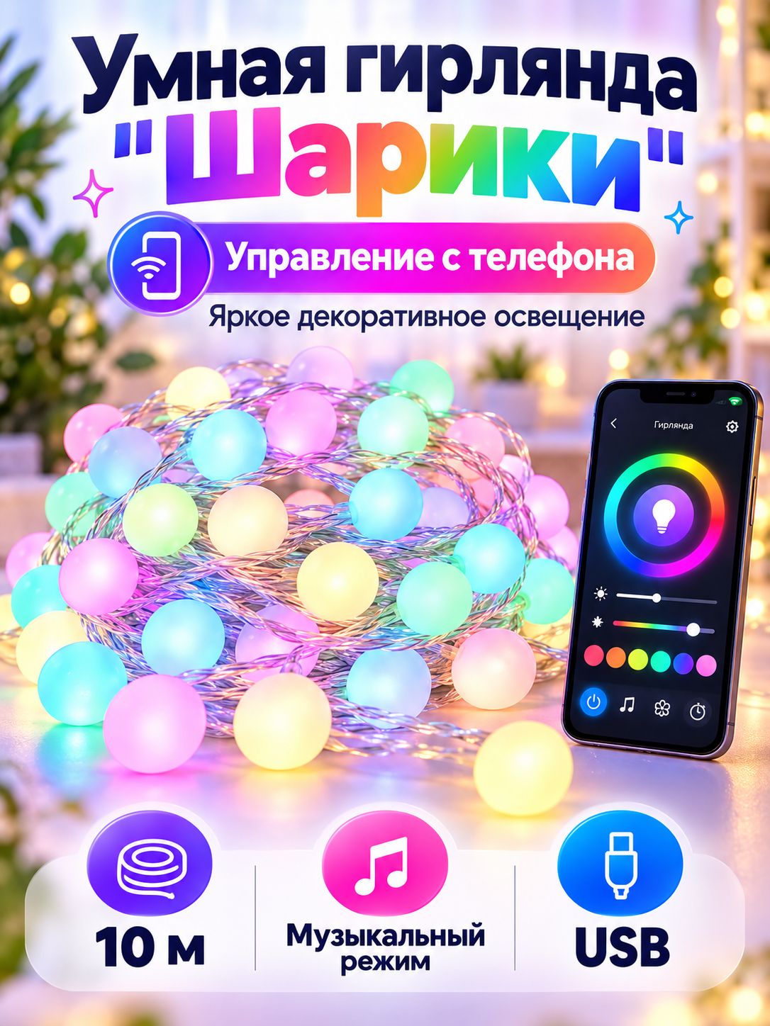 Умная гирлянда Шарики RGB 10 м, светодиодная, с управлением через телефон и пульт