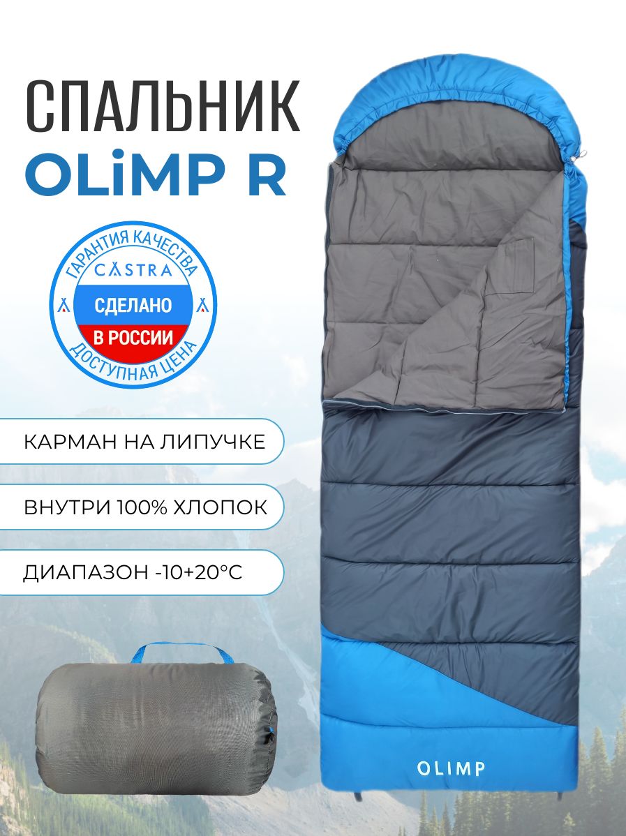 Спальный мешок туристический Olimp R CASTRA, молния справа, 85х235 см, утеплитель волокно термофайбер 250 г/кв. м, подклад бязь 100% хлопок, цвет синий/голубой/хаки