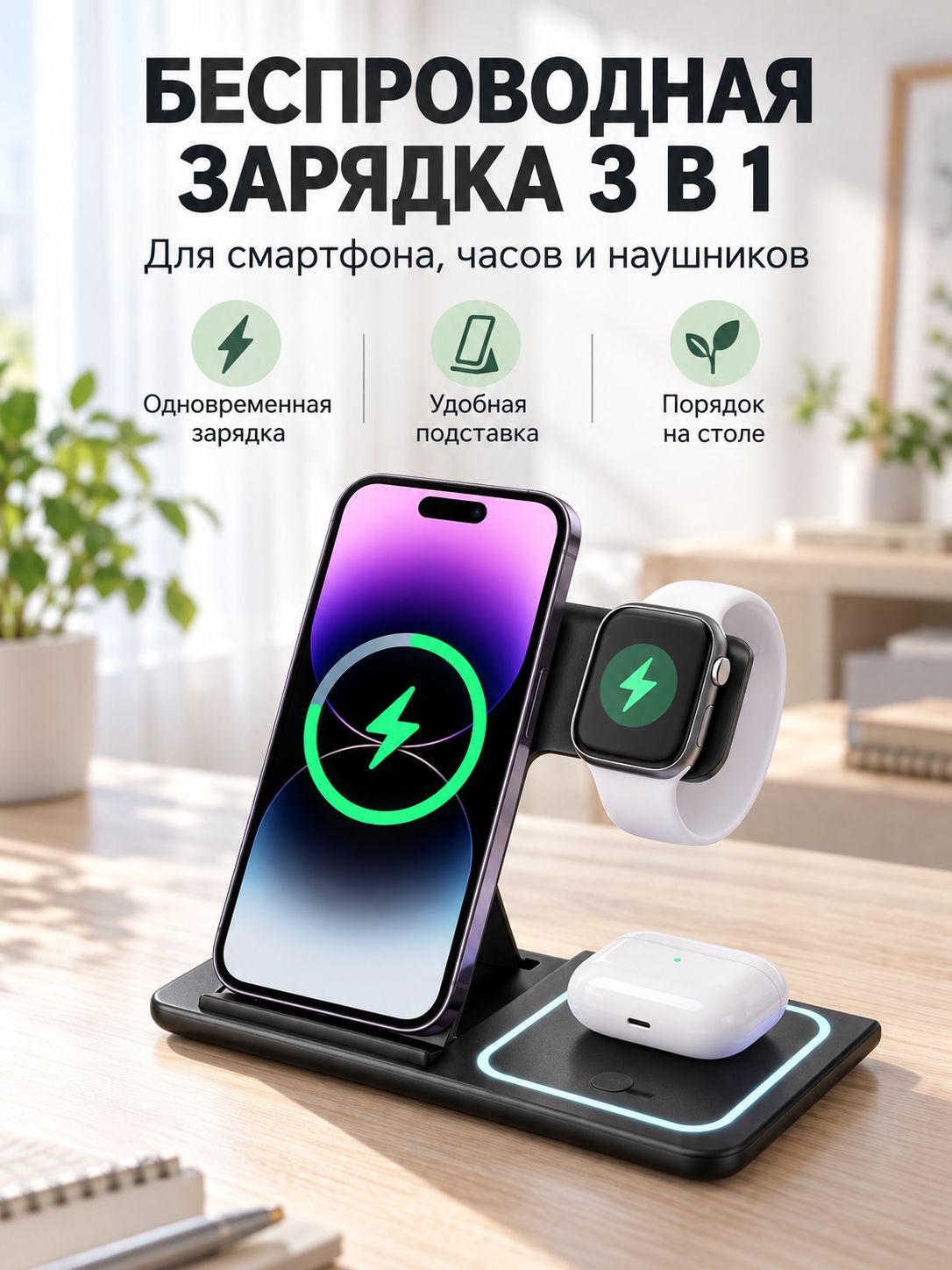 IPhone/3in1Dock/Быстрая зарядка/беспроводная зарядка черное цвета