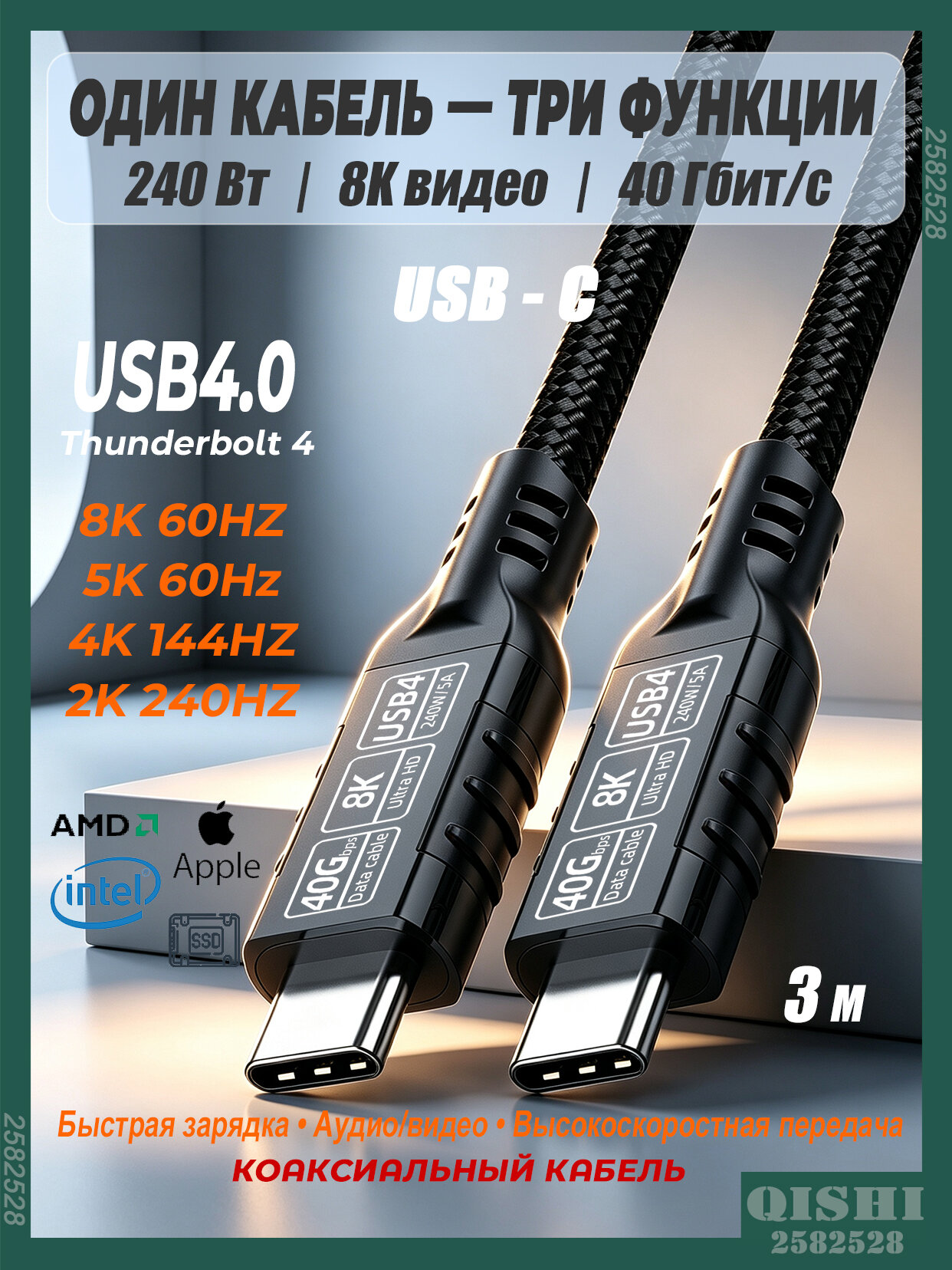 Кабель USB4 Type-C Thunderbolt 4 40 Гбит/с 240W 8K