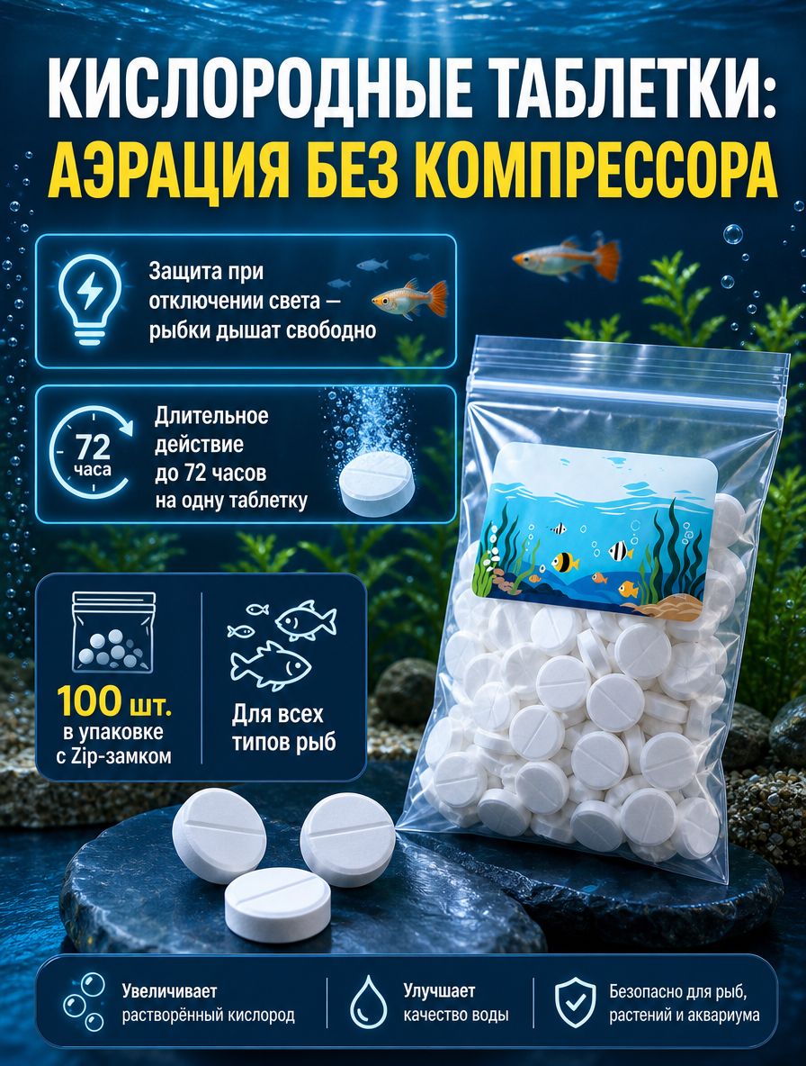 Таблетки кислородные для аквариума, оксигенатор длительного действия, аэрация без компрессора, для транспортировки живца и рыбок, 100 шт